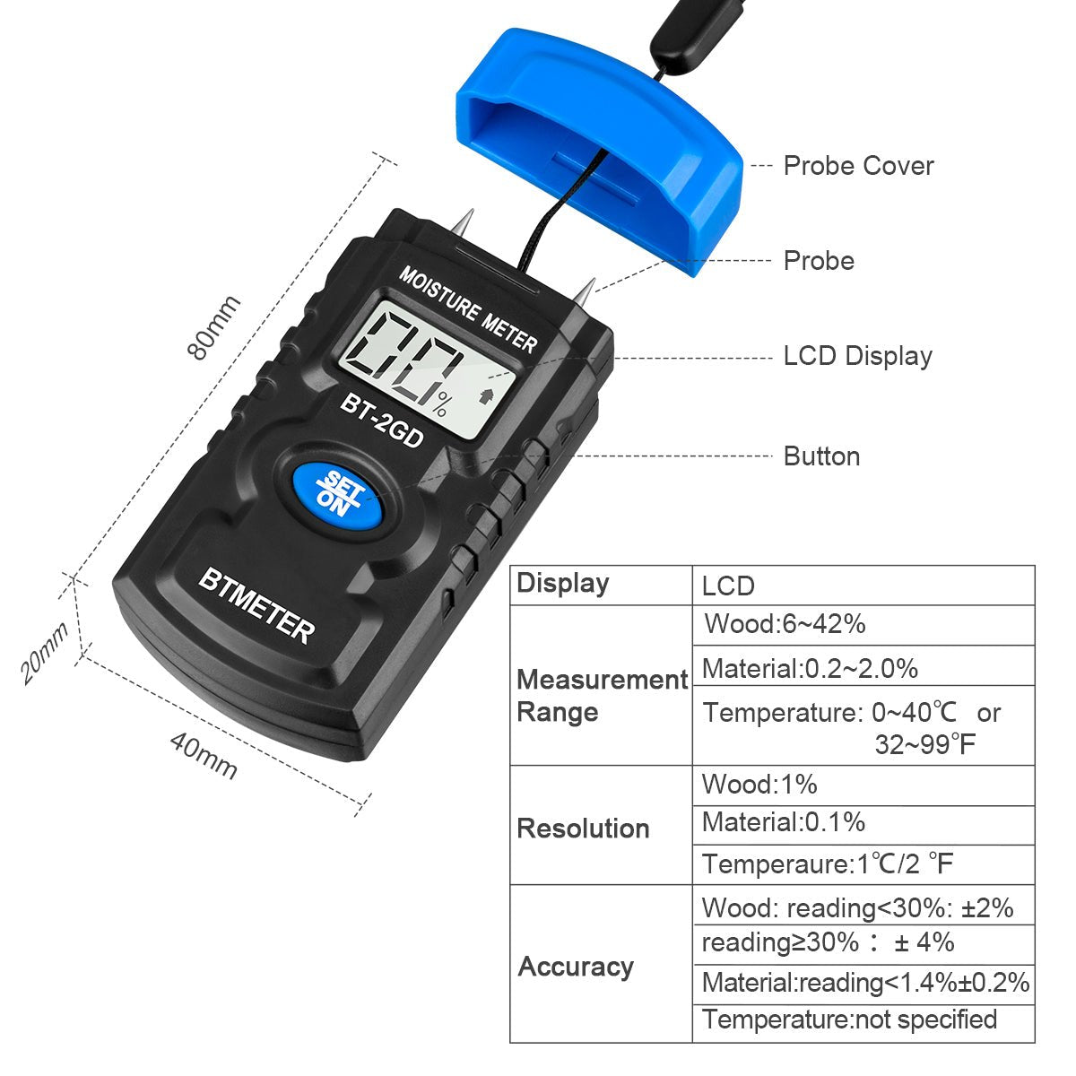 Wood Moisture Meter LCD Display Type Probe Measure