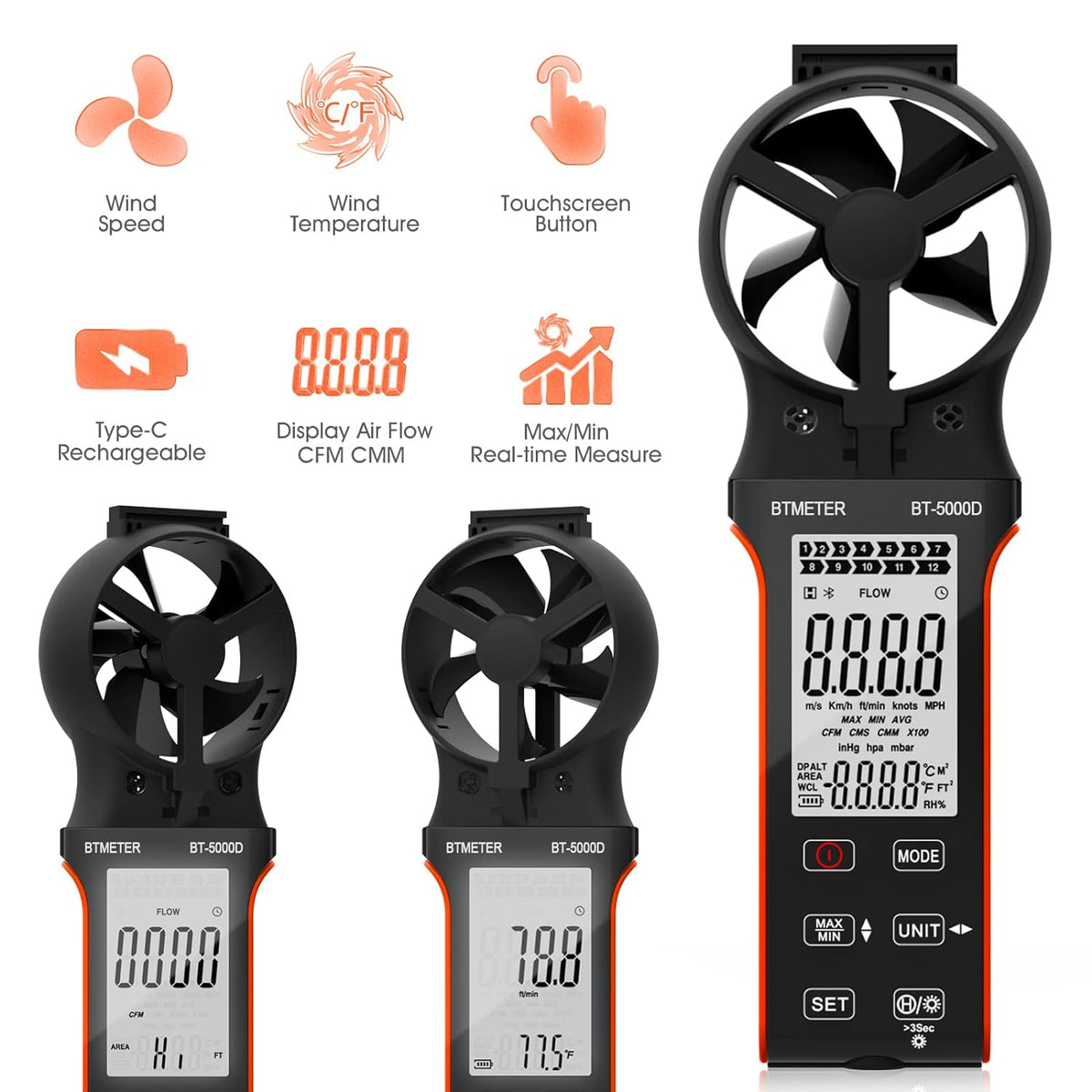 BTMETER BT-5000D HVAC Anemometer - Rechargeable