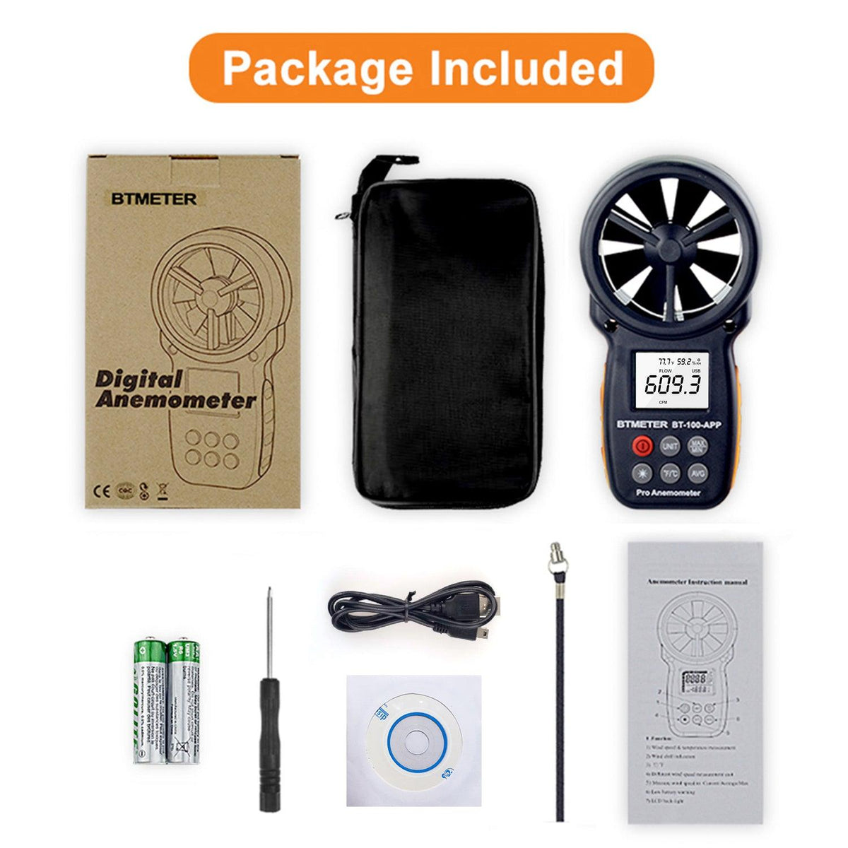 Digital Anemometer Handheld CFM Meter with USB Port