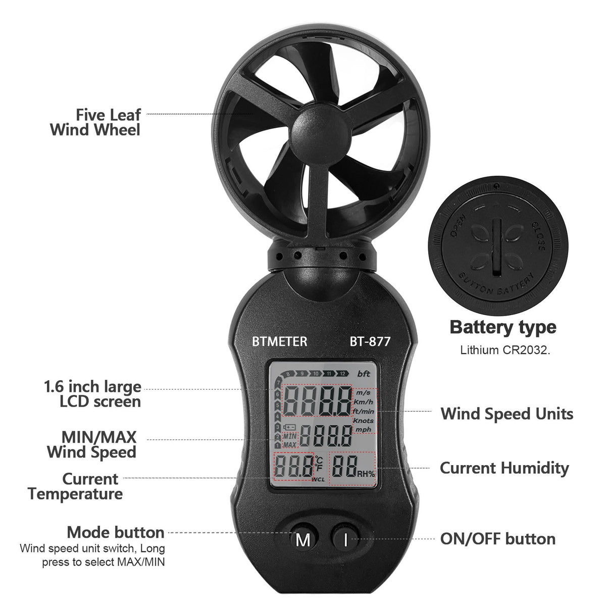 BTMETER BT-877 Handheld Anemometer Digital Wind Speed Meter for HVAC O