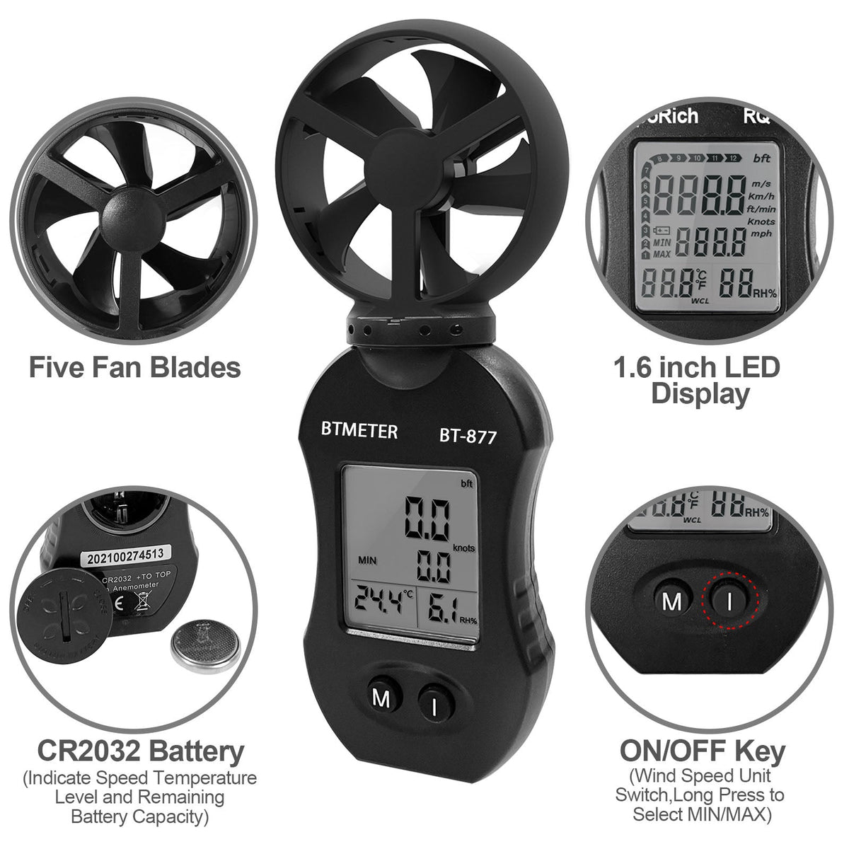 BTMETER BT-877 Handheld Anemometer Digital Wind Speed Meter for HVAC O