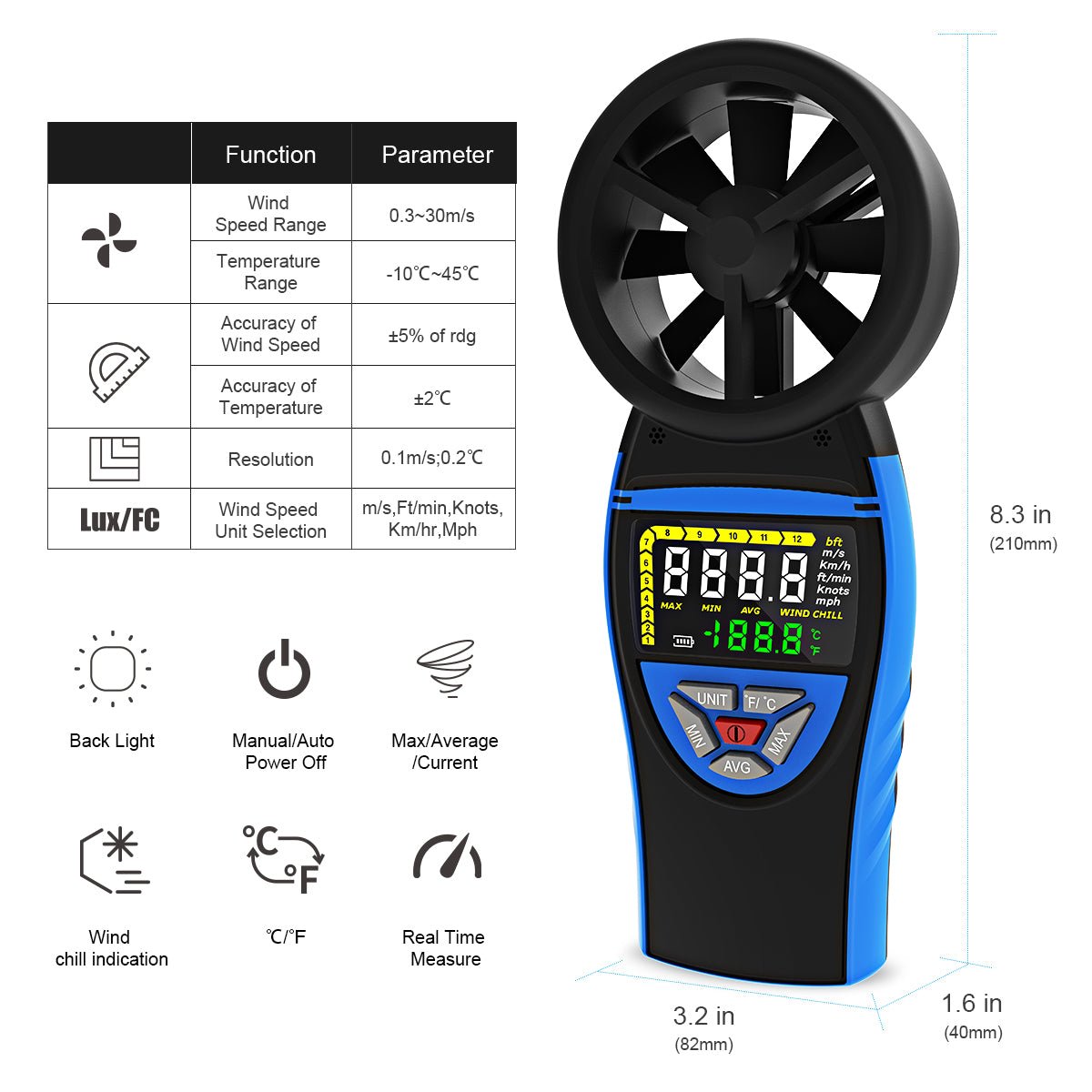 Anemometer with Color Screen Wind Speed Range 0.3~30m/s