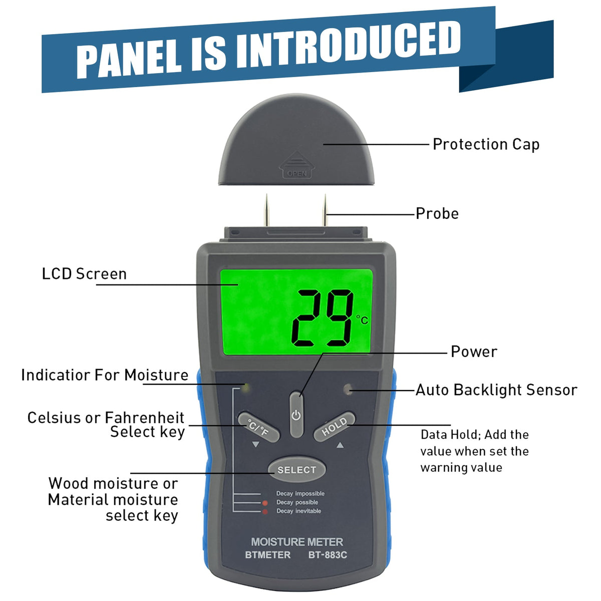 BTMETER BT-883C Humidity Meter Moisture Meter LCD Digital Humidity Tester