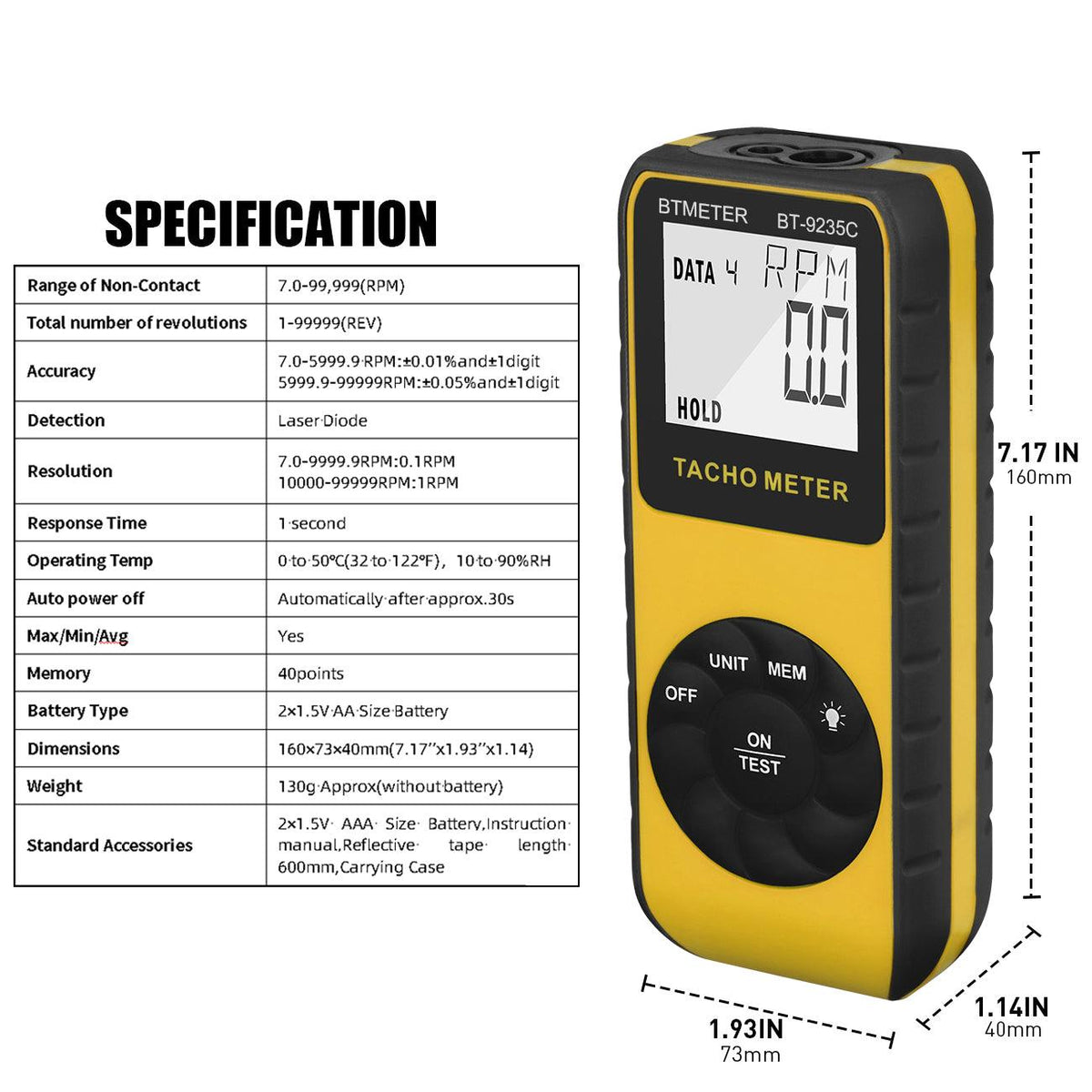 BTMETER Non-contact Laser Tachometer Digital Diagnostic-tool